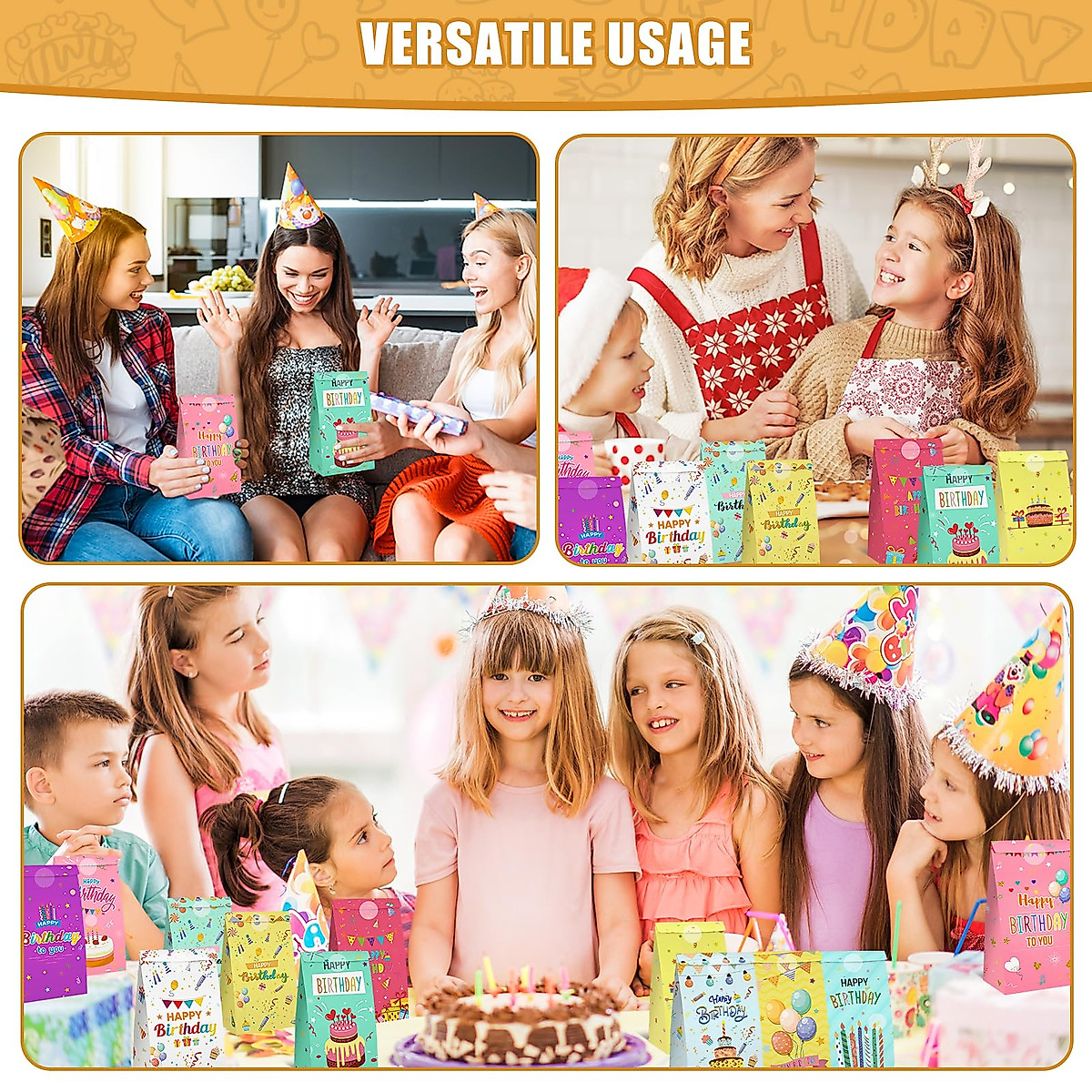 Shindel Party Favor Bags, 54PCS Happy Birthday Treat Bags, Birthday Bags For Kids, 4.7" x 3.1" x 8.7" 12 Designs Colored Paper Bags Goodie Bags for Birthday Party Kids