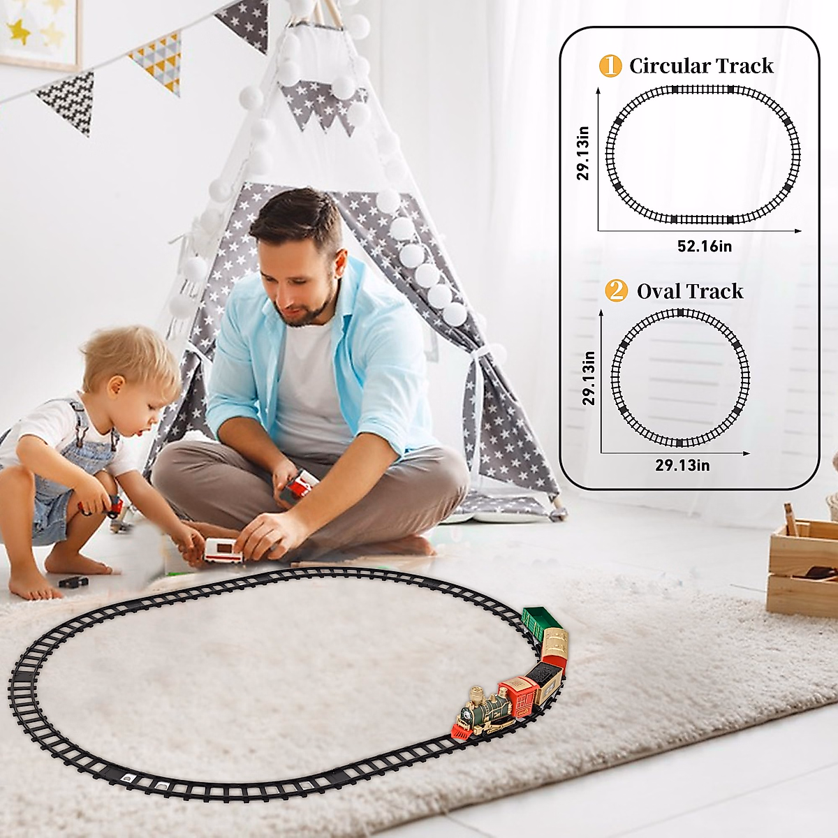 Train Set - Christmas Train Toys, Battery-Powered Locomotive Engine with Sound and Lights, Cargo Cars & 10 Tracks, Toy Train Sets for Boys Age 3 4 5 6