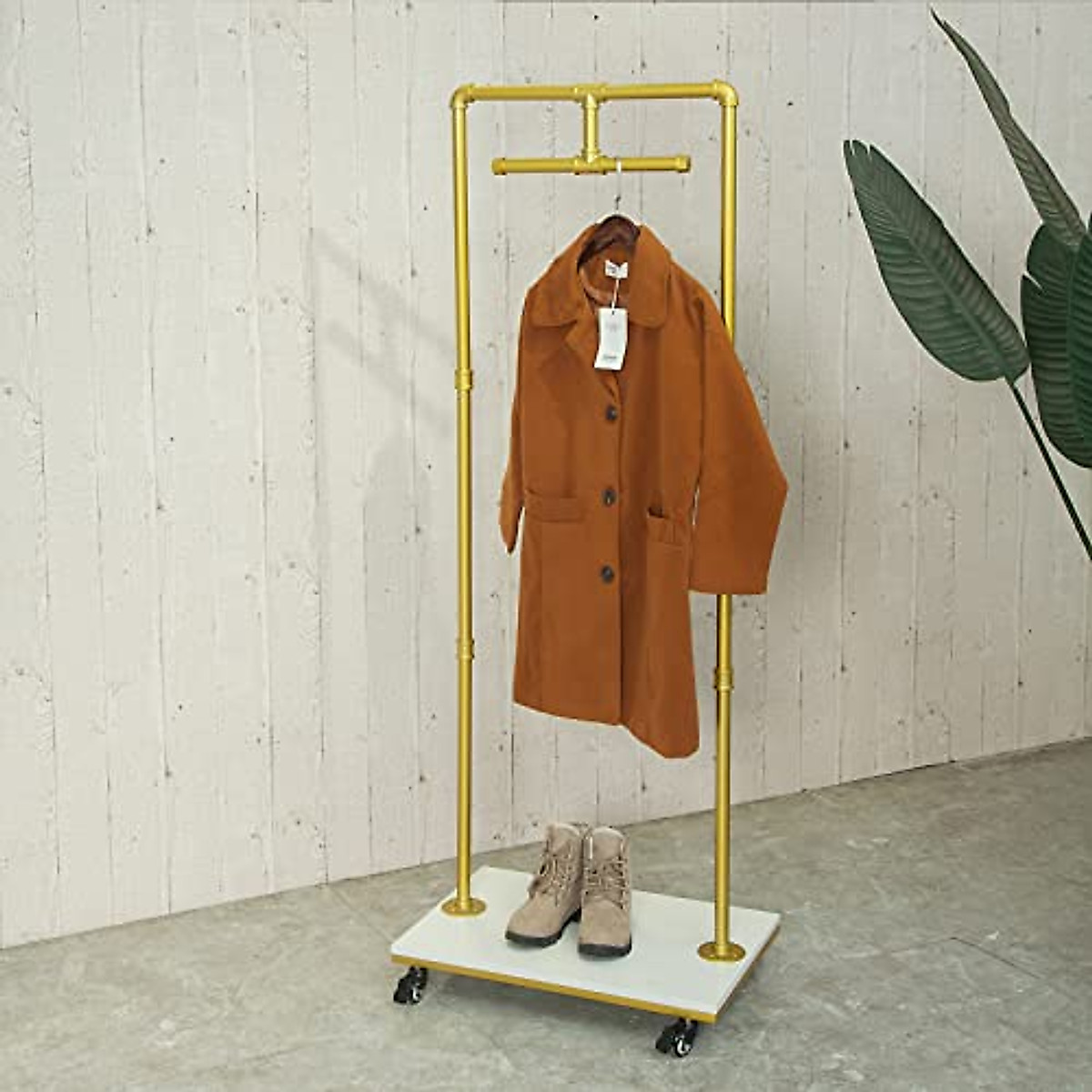 Ethemiable Industrial Pipe and Wood Rolling Clothing Retail Store Display Stands, Entrance Porch Organization Hanging Garment Rack,Wall Mounted Storage Clothes Towel Shoe Bag Pipe Shelf (Gold)