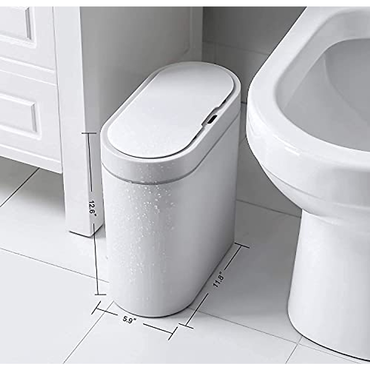 Columbia Star 2.5 Gallon Automatic Trash Can, Will Fit Any Narrow Space, Oval Shape Smart Garbage can, Perfect for Home, Bathroom, Kitchen, Office. (White)