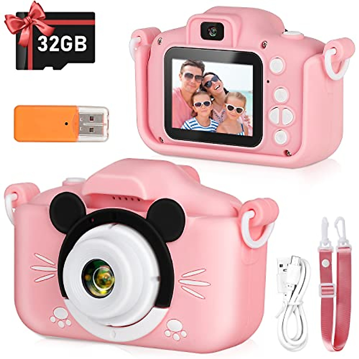 Kids Camera,HD Digital Video Camera with Protective Silicone Cover, Children Toys for 3 4 5 6 7 8 9 Year Old Boys/Girls,Selfie Camera for Kids,3-12 Year Old Birthday Gifts with 32GB SD Card
