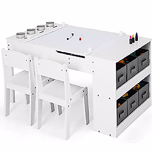 INFANS 2 in 1 Kids Art Table and Chair Set, Toddler Craft Play Wood Activity Desk with 2 Chairs Paper Roll Storage Canvas Bins Paint Cups for Drawing Writing, Children Furniture for Daycare Nursery