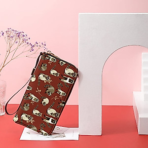Raccoon Cute Fluffy Beast PU Long Wallet Fashionable Clutch Purse Mini Handbag with Wristlet Strap Zipper for Women