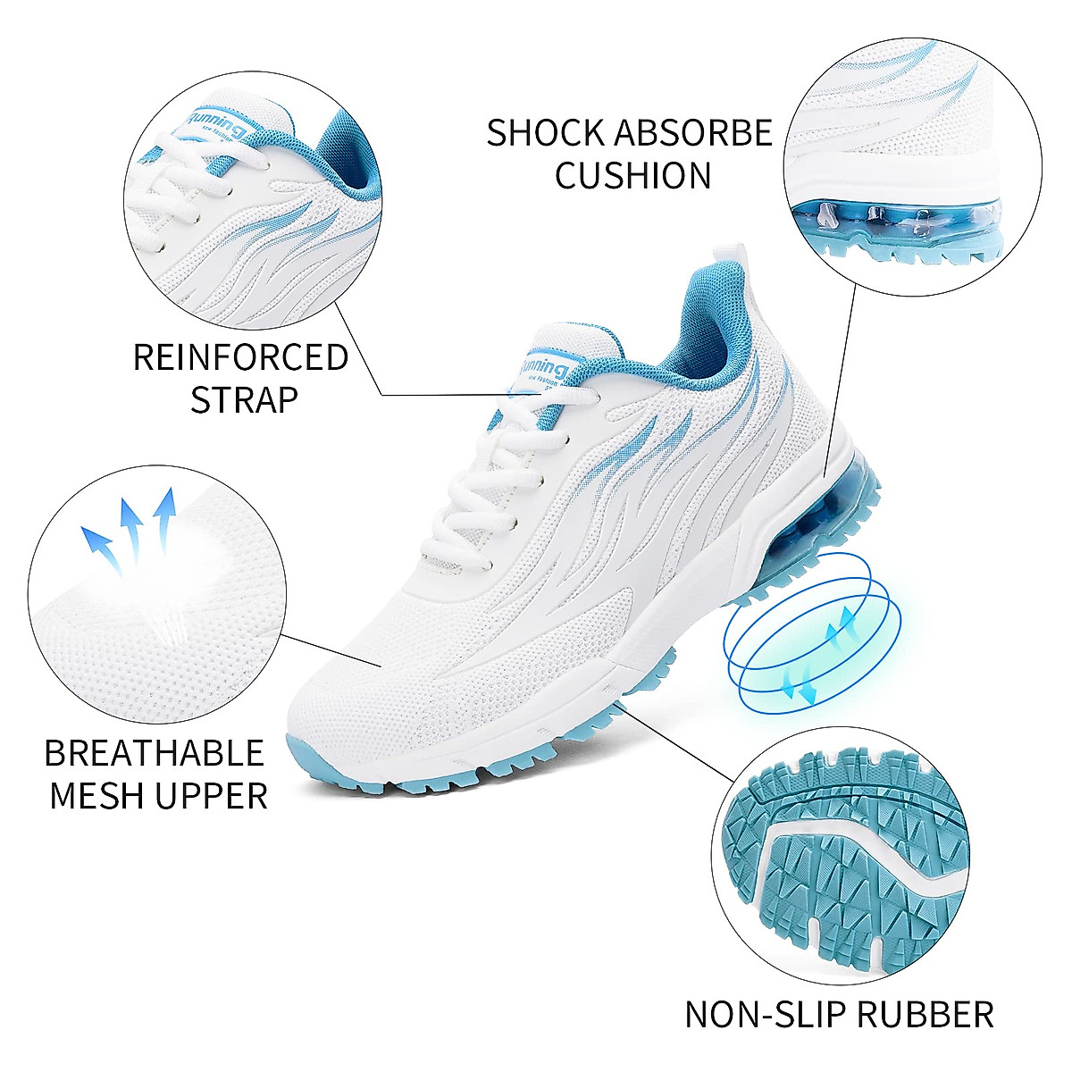 AKK Women's Air Running Shoes - Non Slip Breathable Gym Jogging Tennis Fitness Fashion Athletic Workout Sneakers White/Blue Size 7