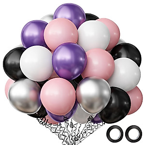 OuMuaMua Halloween Balloons Decorations, 60Pcs 12Inch Pink Black and White Balloons Metallic Purple Silver Latex Balloons for Kids Halloween Party Birthday Baby Shower Graduations Party Decorations