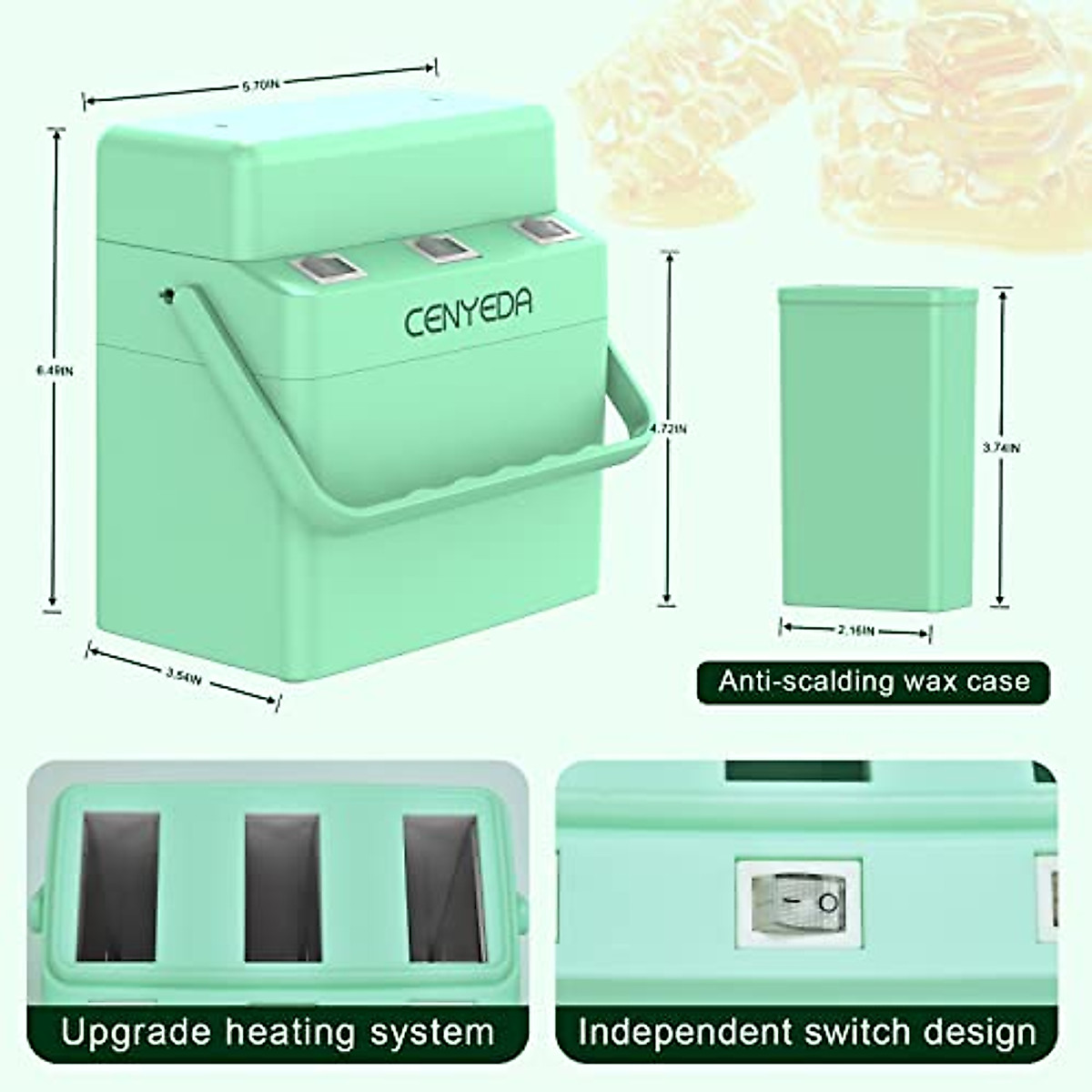 3 IN 1 Roll On Waxing Kit, CENYEDA Hair Removal Triple Roll-On Wax Warmer with 3 Honey Wax Cartridge Depilatory Wax Roller Refill for Legs Arms and Underarm, Upgrade Heating System-Just 13 Mins(Green)