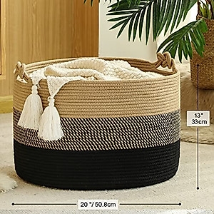 KAKAMAY Large Blanket Basket (20"x13"),Woven Rope Baskets for storage Baby Laundry Hamper, Cotton Rope Blanket Basket for Living Room , Laundry, Nursery, Pillows,Baby Toy chest (Jute/Black)