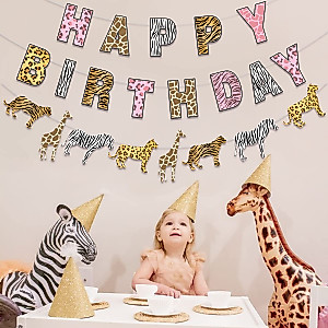 Safari Birthday Decorations Jungle Theme Party Supplies for Girl - Pink Cheetah Happy Birthday Banner, Animal Print Garland, Jungle Safari Animal Leopard Party Sign