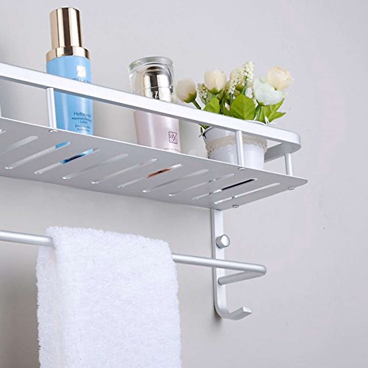 Chrasy Modern Double Layer Towel Bar, Wall Mount Bathroom Storage Shelves and One Towel Bar and 2 Hooks, Aluminum Towel Holders, Shower Towel Rack, Bath/Kitchen Storage Shelf -15.7in