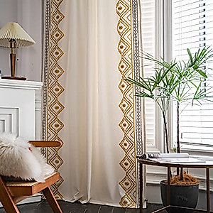 ColorBird Embroidery Diamond Semi-Blackout Window Curtains 2 Panels Boho Cotton Linen Darkening Curtains Rod Pocket Window Drapes for Living Room Bedroom (52" W x 63" L, Yellow)