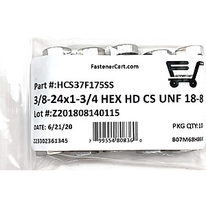3/8-24x1-3/4 Stainless Steel Hex Cap Screws PT Hex Bolts 18-8 (UNF) FINE Thread (10 pcs)
