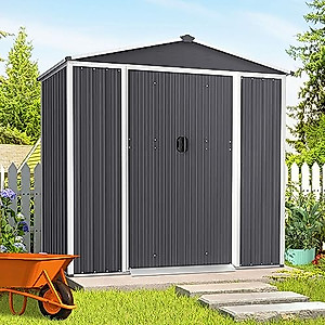 SUNCROWN Outdoor Backyard Garden Storage Shed 4X6 FT Yard Storage Tool with Sliding Door for Lawn Equipment Garden Backyard - Grey