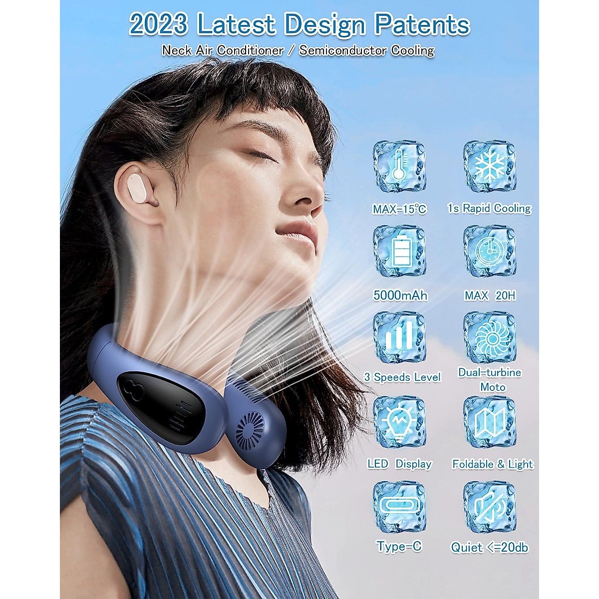 Neck Air Conditioner, 5000mAh Portable Neck Fan with Semiconductor Cooling Airflow Bladeless USB Neck Fans Portable Rechargeable with 3 Speeds, LED Display, Personal Fan for Outdoor Travel Indoor