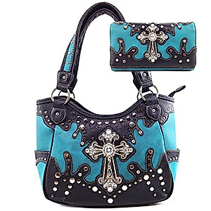 Justin West Cross Studs Concealed Carry Shoulder Handbag Tote Purse Crossbody Wallet (Blue Handbag and Wallet)