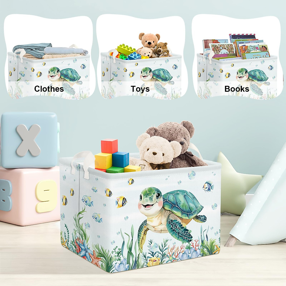 Clastyle 36L Fish Sea Turtle Baby Basket Ocean Coral Seaweed Starfish Toy Book Shelf Basket Waterproof Pool Toy Beach Towel Storage Bin Large Rectangle Collapsible Dirty Clothes Basket