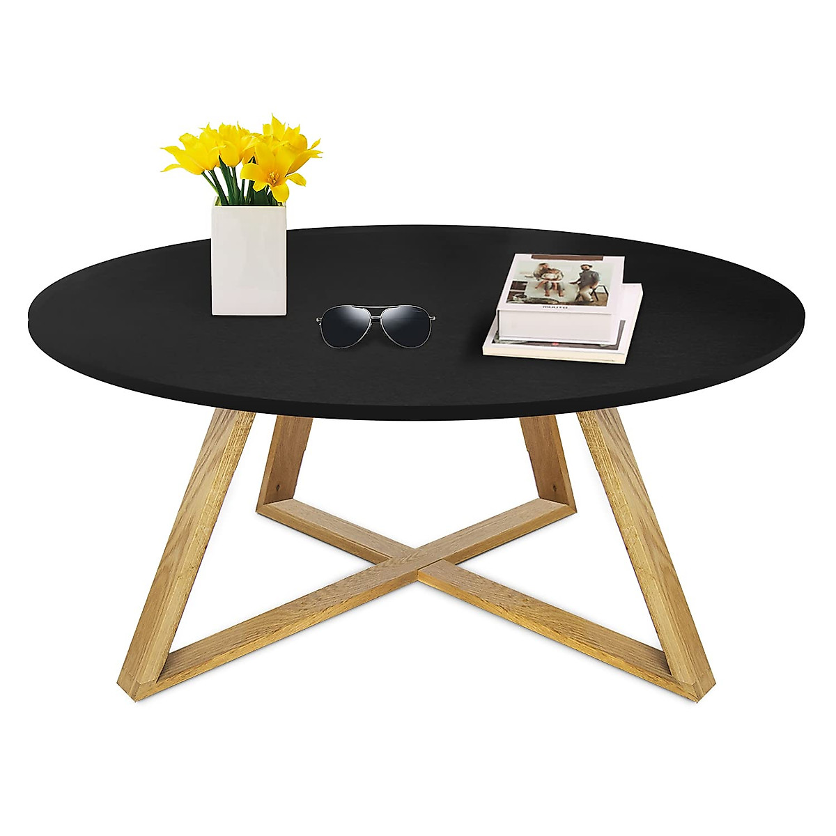 SYMXMYZ 31.5 Inches Round Coffee Table, Wooden Coffee Table, Modern Coffee Table, Oak Table Legs, Coffee Tables for Living Room Modern Design Home Furniture, Black