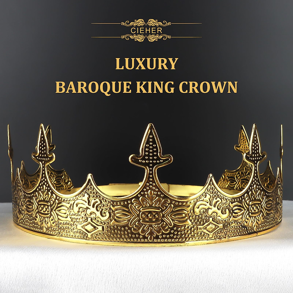 King Crown, CIEHER King Crowns for Men Baroque Royal Crown (Adjustable Size) Prom Crown Prince Tiara Evil Crown for Birthday King Halloween Cosplay Party Decorations, Alexander - Ancient Gold