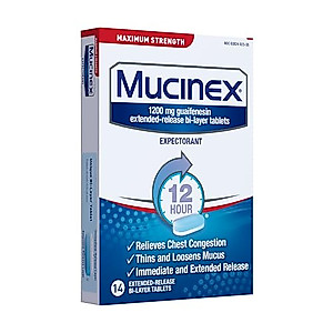 Mucinex 12 Hour Maximum Strength 1200 mg Guaifenesin Extended-Release Tablets for Excess Mucus Relief, Expectorant Aids Excess Mucus Removal, Chest Congestion Relief, 14 Tablets