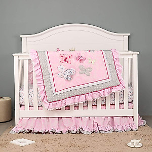 CribMATE 3 PCs Pink Embroidery Butterfly Nursery Crib Bedding Set Lace Trimmed Floral Butterfly Baby Girl Bedding Set Comforter Fitted Sheet Skirt Set