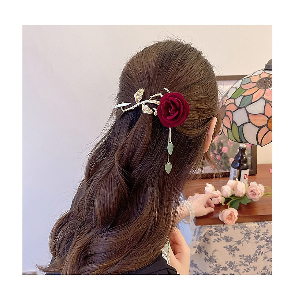2PCS Hair Clip, Red Rose Hair Claws French Style Twist Hair Barrette Non Slip Jaw Banana Hair Accessories for Women