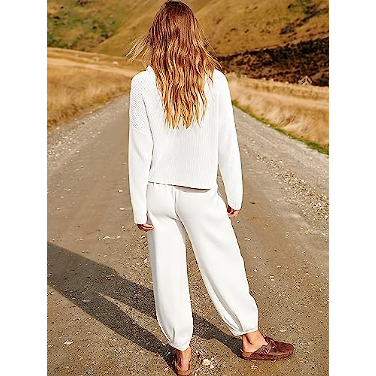 ANRABESS Women's Two Piece Outfits Long Sleeve Knit Top Fall Sweater Set Oversized Pants Tracksuit Lounge Sets White Medium