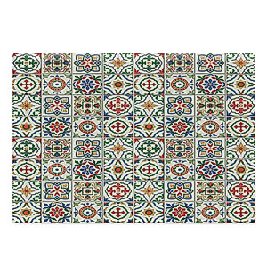 Lunarable Geometric Cutting Board, Inspirations in Portuguese Azulejo Ceramic Pattern Traditional Mosaics, Decorative Tempered Glass Cutting and Serving Board, Large Size, Multicolor