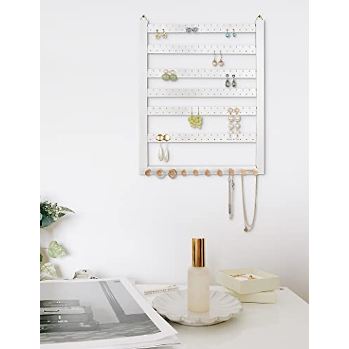 Mymazn Easy Assemble Solid Beech Wood Earring Hanging Necklace Holder Hanger Wall Mount Jewelry Organizer Rings Scruncies Organization