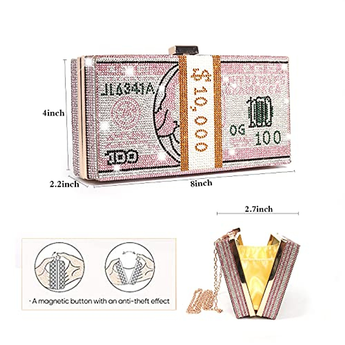 2 Pcs Set Rhinestone US Dollar Purse Party Evening Handbags Wedding Dinner Bag Stack of Cash Clutch Purses Wallet with Crystal Headbands