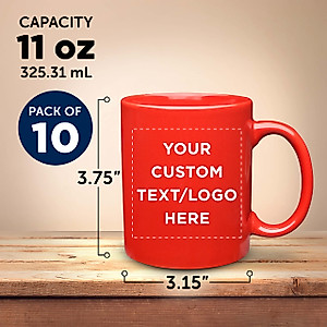 Custom Ceramic Coffee Mugs 11 oz. Set of 10, Personalized Bulk Pack - Coffee cup set, Iced coffee cup, Gaming mug - Red