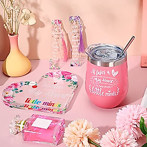 Meanplan 4 Pcs Teacher Christmas Appreciation Gifts for Women, 12 oz Teacher Tumbler, 2 Bookmark and Acrylic Heart Paperweights Thank You Graduation Keepsakes for Teacher's Day Gifts