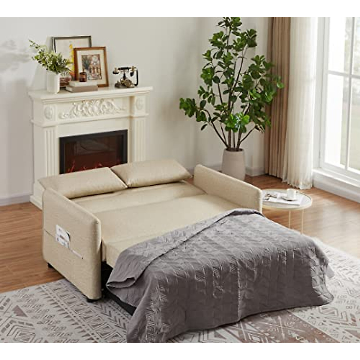 Melpomene Loveseat Sleeper Faux Leather Couch w/Pull-Out Bed and Adjustable Back, 57.1" Modern Convertible Sofa Bed w/ 2 Side Pockets and 2 Pillows (Khaki)