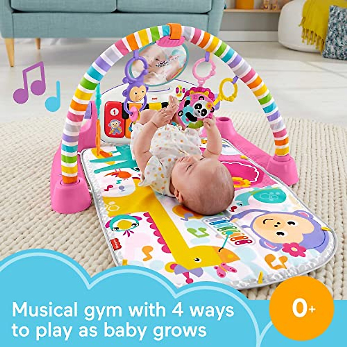 Fisher-Price Baby Playmat Deluxe Kick & Play Piano Gym With Musical -Toy Lights & Smart Stages Learning Content For Newborn To Toddler, Pink and Fisher-Price Baby Sit-Me-Up Floor Seat – Rainbow Showers