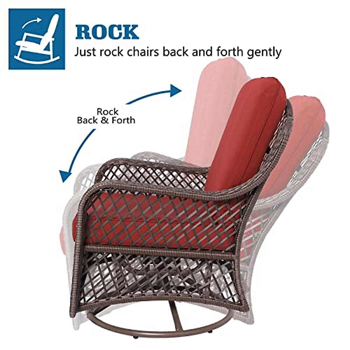 MAGIC UNION Rattan Rockers Outdoor Furniture 3 Piece, Rocking Chairs Wicker Patio Bistro Set with Side Table, Outdoor 360°Swivel Rocker Chairs with Padded Cushions (Dark Red)