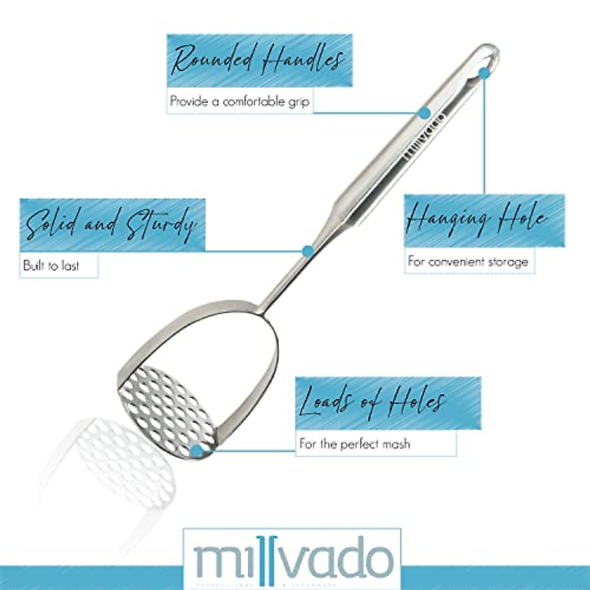 Millvado Potato Masher Stainless Steel, Best Mashed Potatoes Masher Kitchen Tool, Potato Smasher For Potatoe, Avocado, Sweet Potato, Beans, Large Heavy Duty Metal Mashing Utensil, 12.5 Inch