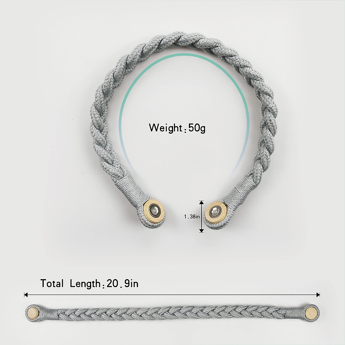 Porlau 2 Pack Grey Magnetic Soft Curtain Tiebacks Cotton Hand-Woven Tieback Holdback Home Decorative Tie Backs with Wooden Buckle for Home Office Decor