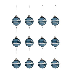 Creative Co-Op Round Mercury Glass Ball Ornament with Grid Pattern, Blue and Silver Finish, Set of 12