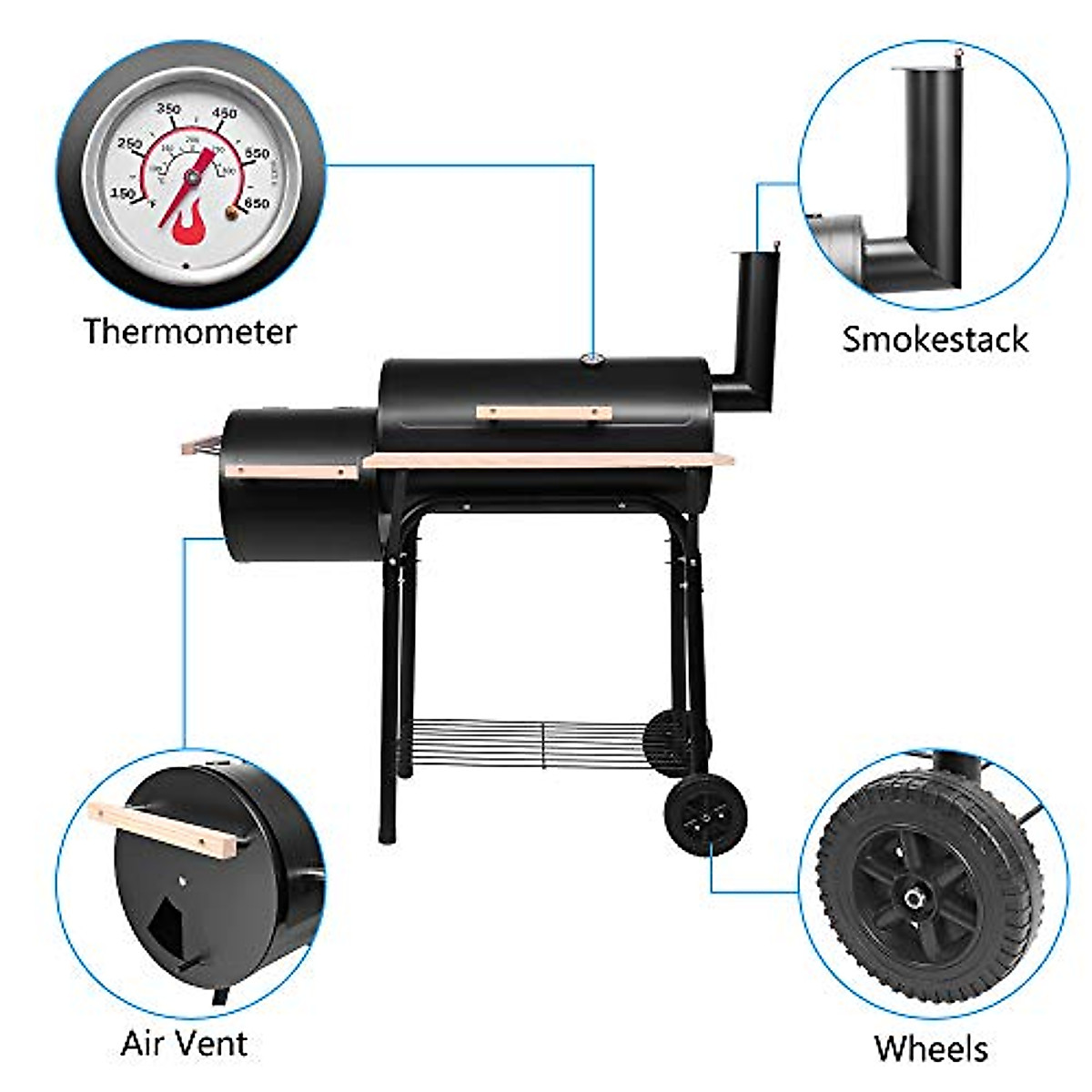 LDQS BBQ Charcoal Grill with Side Fire Box and Offset Smoker, Outdoor Picnic Barbecue Grill, Heat Control, Camping, Patio Backyard Cooking