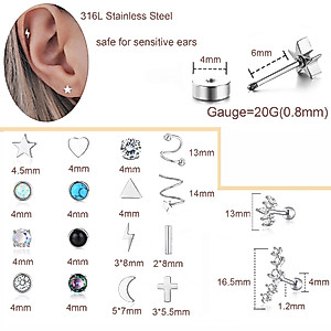 PLOMFOV 20G Stainless Steel Stud Earrings for Women Men CZ Heart Star Moon Flat Back Earrings Cartilage Hoops Helix Tragus Daith Earrings Piercing Jewelry Silver