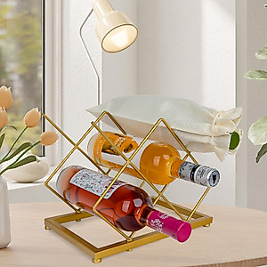 nice-won Wine Rack Countertop - 5 Bottle Freestanding Modern Gold Metal Small Wine Rack Tabletop Wine Bottle Holder Stand for Cabinet Pantry Dining Table Wine Bottle Storage with Reusable Wine Bags