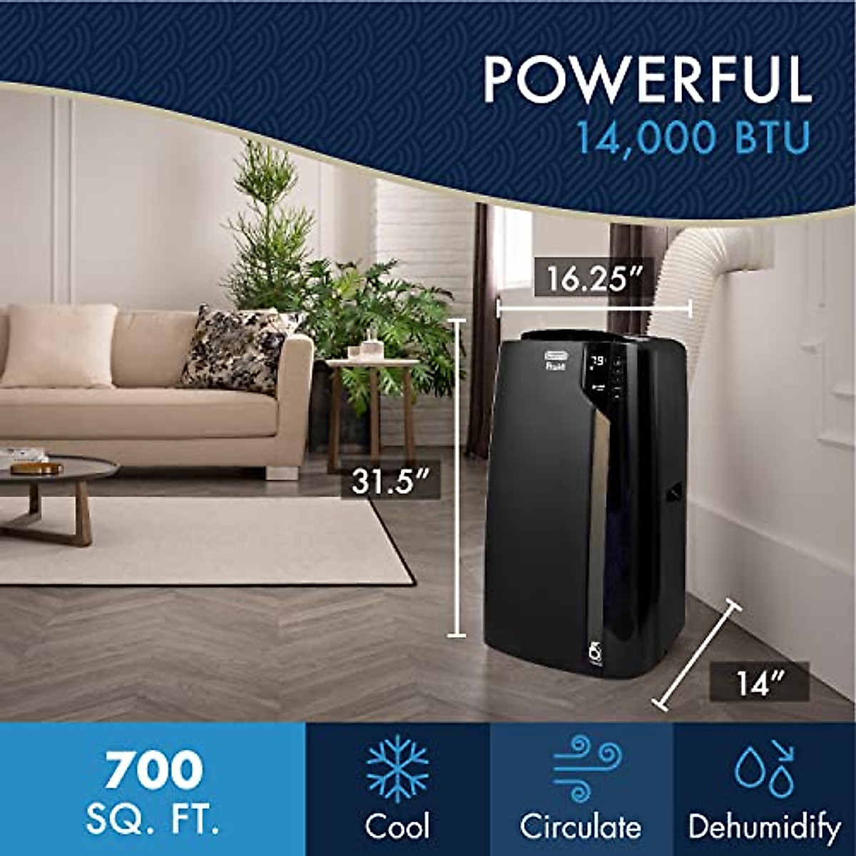 DeLonghi Portable Air Conditioner 14,000 BTU,cool extra large rooms up to 700 sqft,remote,energy saving mode,extremely quiet,dehumidifier,fan,programmable,window venting kit,AC Unit for room,EX390LVYN