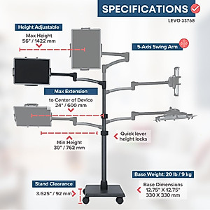 LEVO G2 Deluxe iPad Rolling Floor Stand Cart Kiosk for Residential and Commercial use iPads, iPad Mini, iPad Pro, Galaxy, Nexus, Surface Pro, Fire, and Other Tablets and eReaders Gunmetal Color