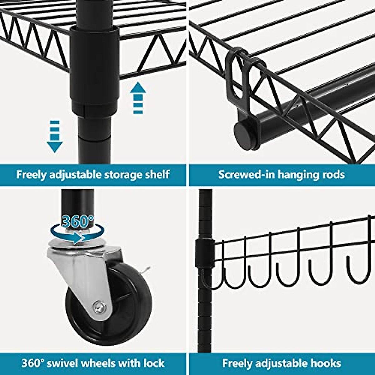 tonchean Rolling Wire Garment Rack Heavy Duty Clothes Rack for Hanging Clothes Freestanding Clothing Rack Closet Wardrobe Rack with Shelves and Wheels