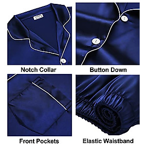 SWOMOG Women's Satin Pjs Set Two Piece Lounge Set Button Down Sleepwear Silk Pajamas Navy Blue