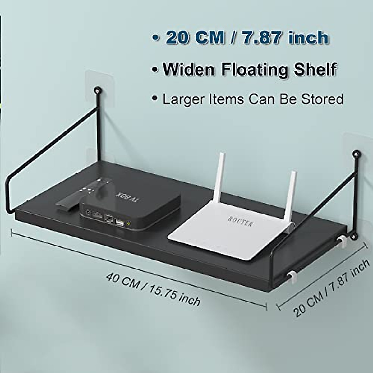 Vimqual Floating Shelf for AV Device/Projector/Cable Boxes/WiFi Router, Wall Mounted Display Ledges for Storage Plants, Wood Wall Shelves for Bedroom, Living Room, Bathroom, Kitchen (Black)