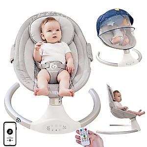 Bellababy Bluetooth Baby Swing for Infants, Compact & Portable Baby Bouncer, 3 Seat Positions, 5 Speed, 10 Lullabies, Remote Control, USB Plug-in Power, Indoor/Outdoor Baby Rocker, Boy/Girl Gray