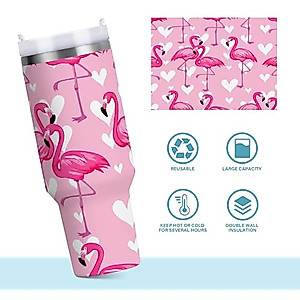 Burbuja Flamingos Standing on One Leg 40oz Insulated Tumblers with Handle and Straw Lid, Double Wall Stainless Steel Travel Mug Leak-Proof, BPA Free, Gift for Mom Dad