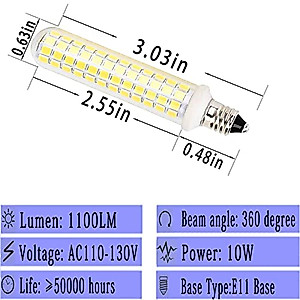 New Upgrade -E11 led Bulb,125 LEDs 100W 120W Halogen Bulbs Equivalent, 10w 1100lm, E11 Mini Candelabra Base White 6000k,AC 110V/130V,JD T3 T4 Bulb (2 Packs)