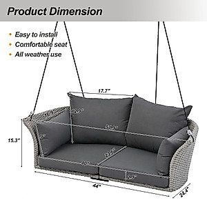 Patio 51.9” 2-Person Swing Chair,Outdoor Rattan Woven Hanging Seat with Adjustable Rope and Cushion,for Porch Lawn Garden Backyard Balconies (Gray&b)