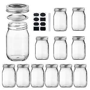 Accguan Mason Jars 16 oz With Regular Lids and Bands, Ideal for Jam, Honey, Wedding Favors, Shower Favors, DIY Magnetic Spice Jars, 12 PACK, 16 Labels Included