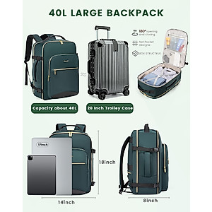 LOVEVOOK Travel Carry on Backpack as Personal Item Flight Approved for Men, 40L Waterproof Large 17inch Laptop Luggage Daypack Business Weekender Overnight with 3 Packing Cubes, Green